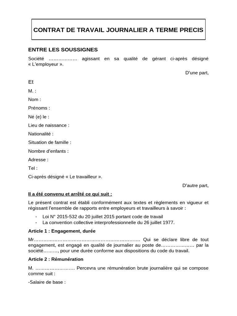 Modèle Contrat de Travail Journalier | PDF