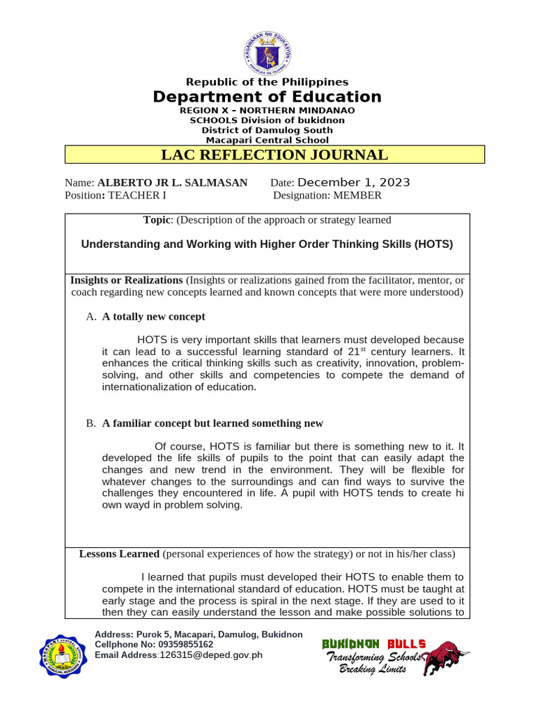 LAC REFLECTION JOURNAL - Chenlly | PDF