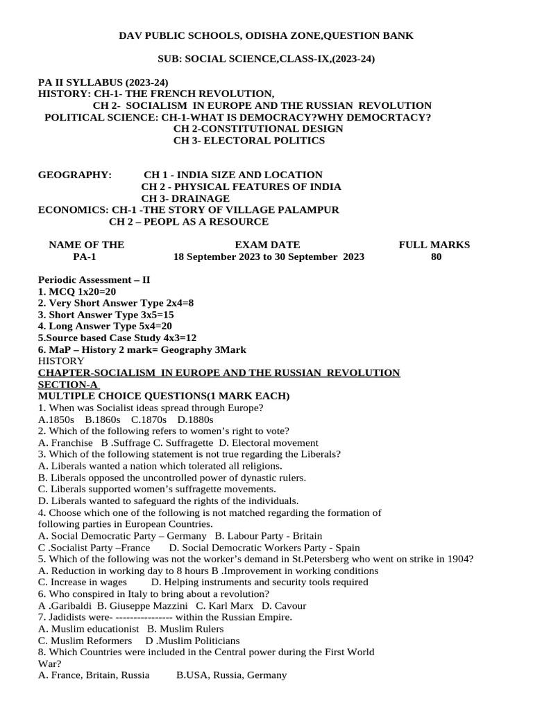 Social Science Question Bank Class SST Ix 23-24 | PDF | Elections ...