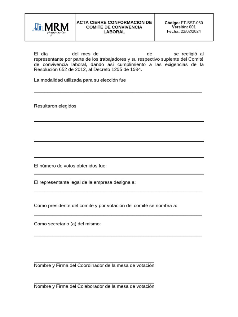 FT-SST-060 - Acta Decierre Comite de Convivencia Laboral | PDF