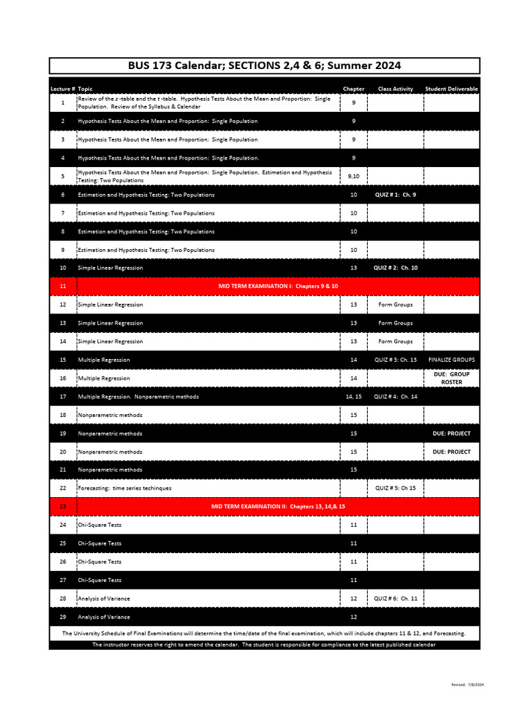 BUS 173 MHM Calendar | PDF