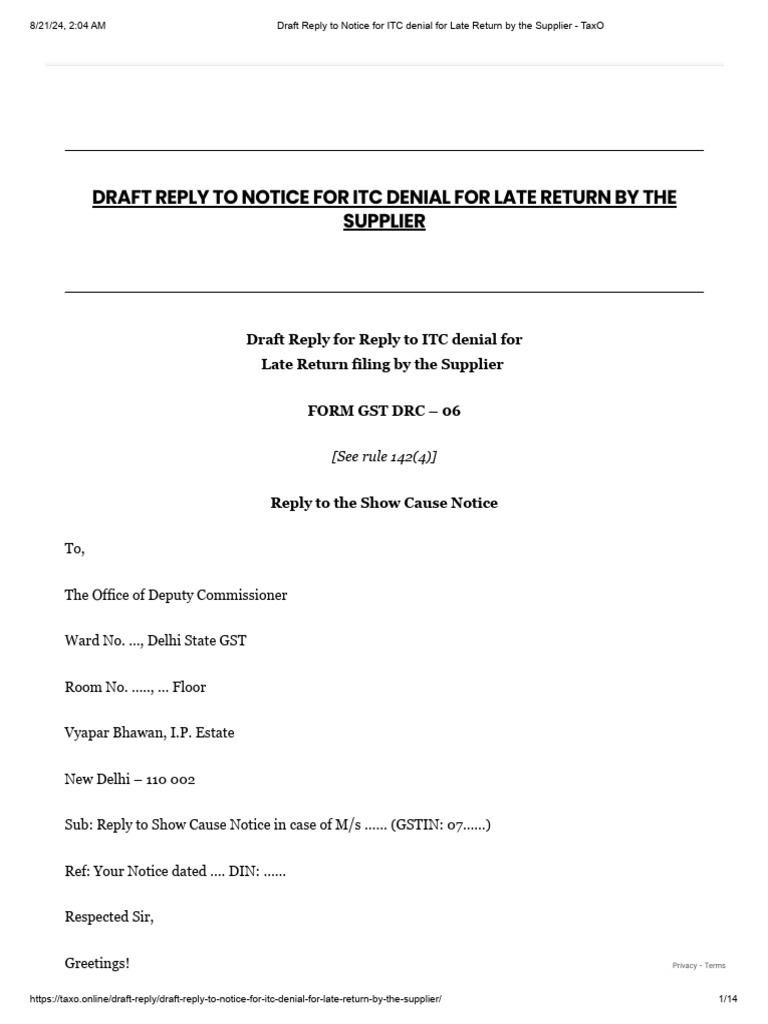 Draft Reply To Notice For ITC Denial For Late Return by The Supplier - TaxO | PDF | Invoice | Taxes