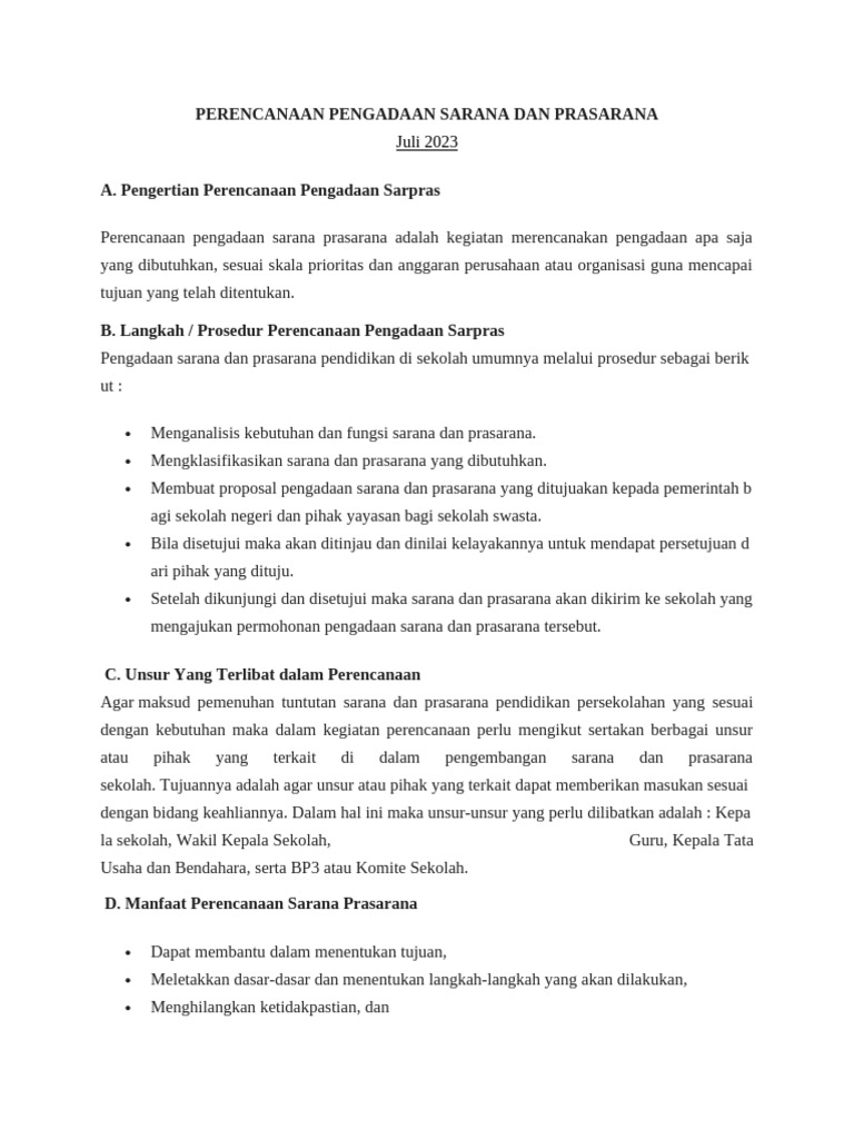 Perencanaan Pengadaan Sarana Dan Prasarana | PDF