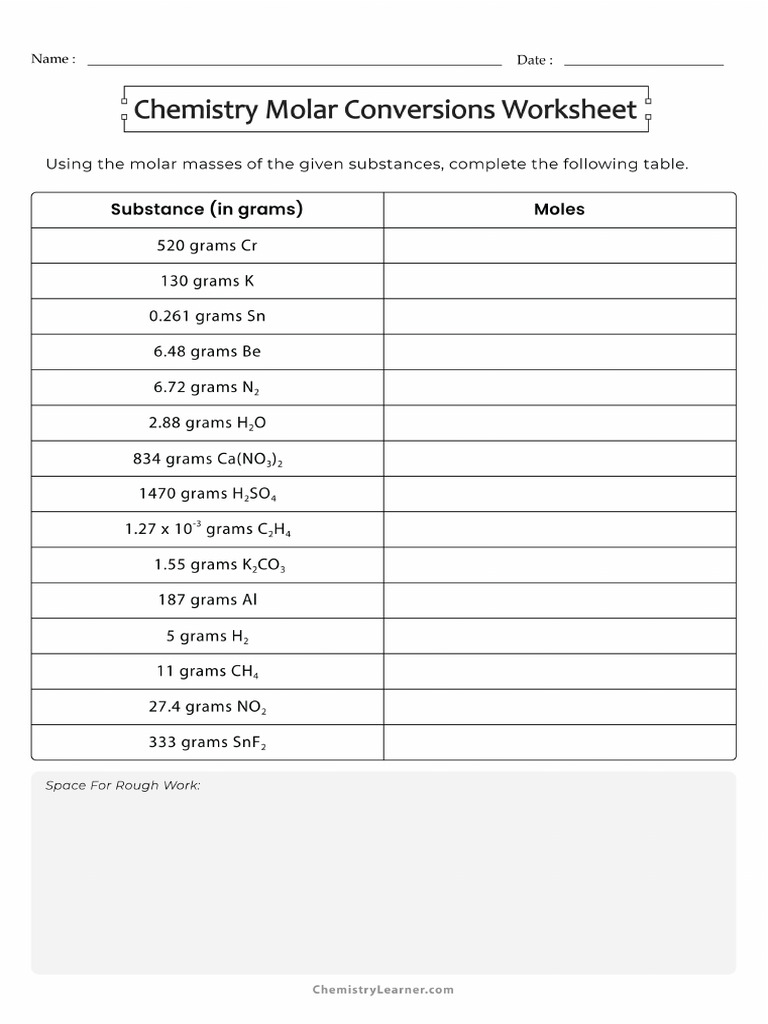 Chemistry Molar Conversions Worksheet With Answer | PDF