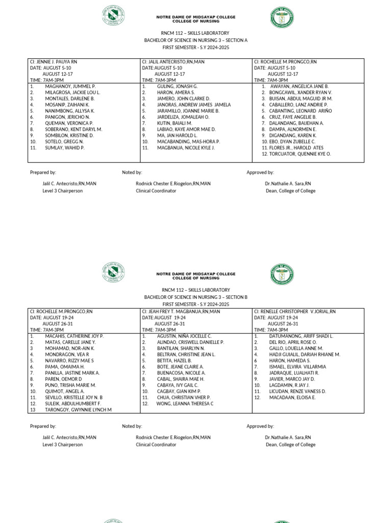 BSN 3 Duty Schedule 2024 First Semester | PDF