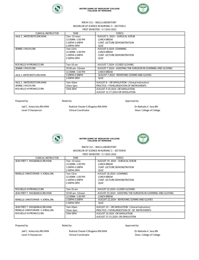BSN 3 Skills Lab - Sched 2024 | PDF