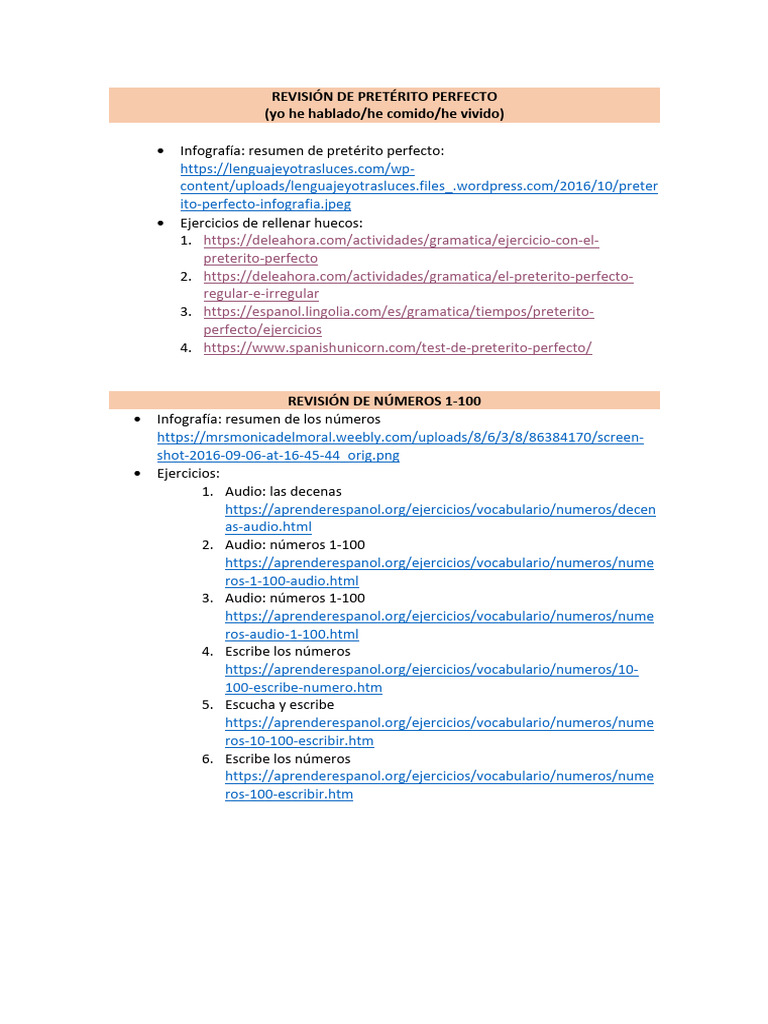 Actividades Extra. Pretérito Perfecto y Números 1-100 | PDF