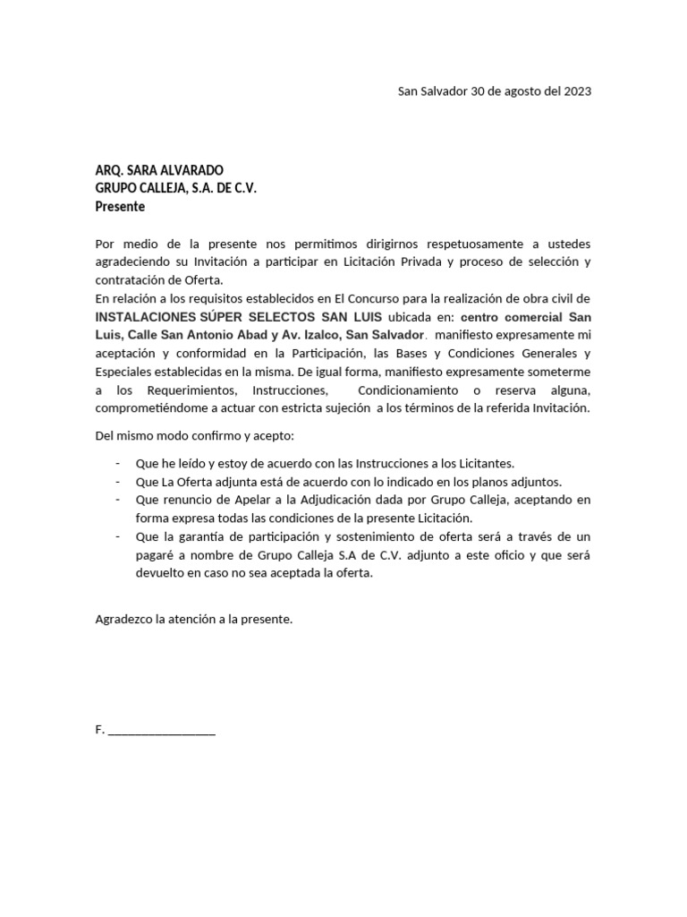 EJEMPLO DE CARTA LICITACION | PDF