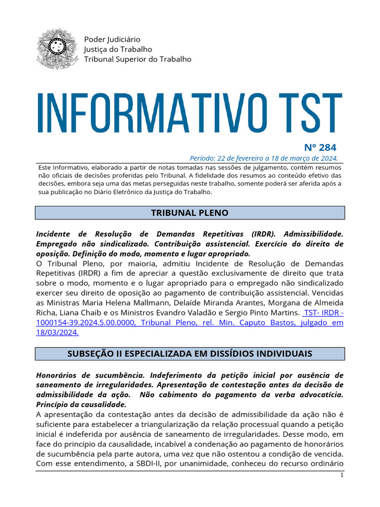 Informativo 284 TST | PDF