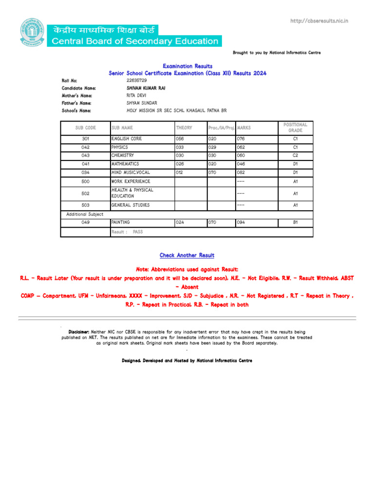 CBSE - Senior School Certificate Examination (Class XII) Results 2024 | PDF