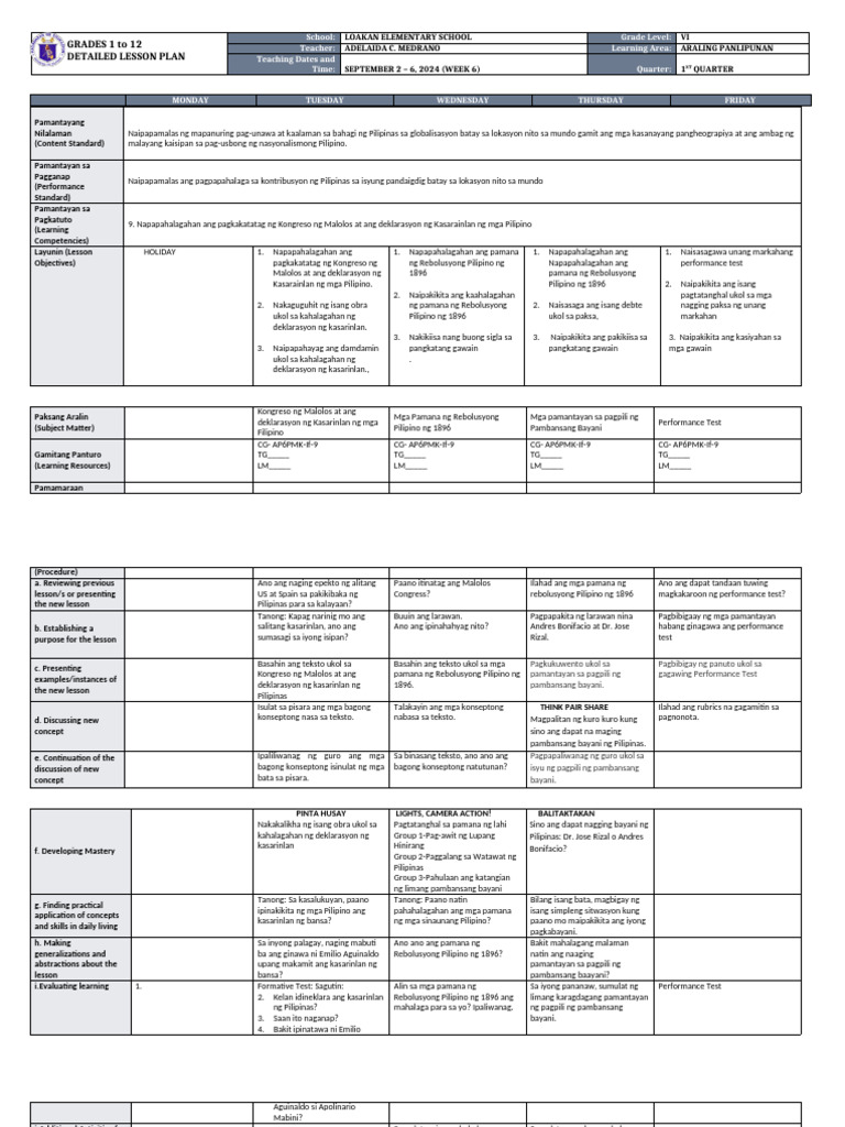 DLL - Araling Panlipunan 6 - Q1 - W6 | PDF