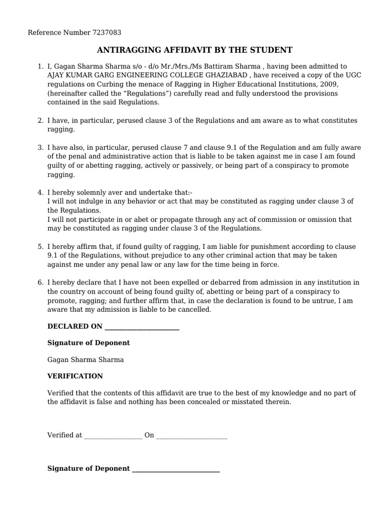 Anti Ragging Affidavit Form | PDF