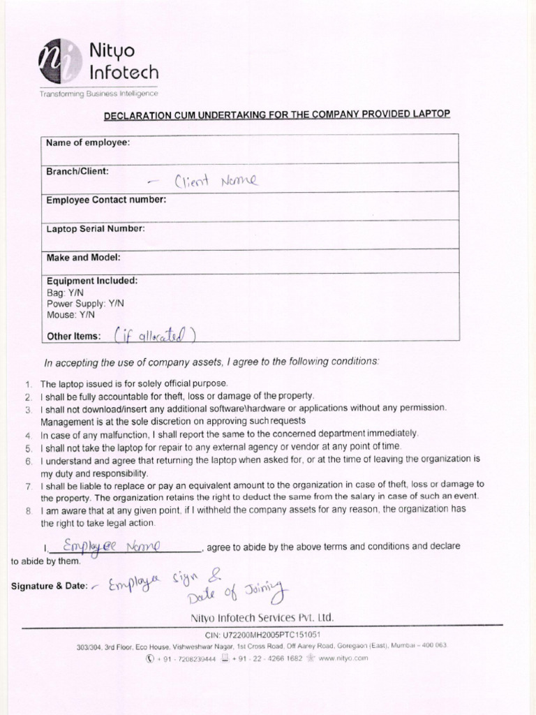 Sample Audit Forms - Nityo Infotech Services Pvt. Ltd. | PDF