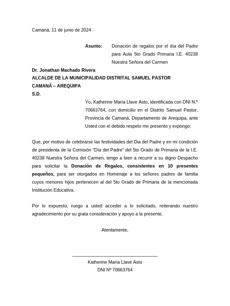 Solicitud de Donacion de Regalos Dirigida Al Alcalde | PDF | Derecho