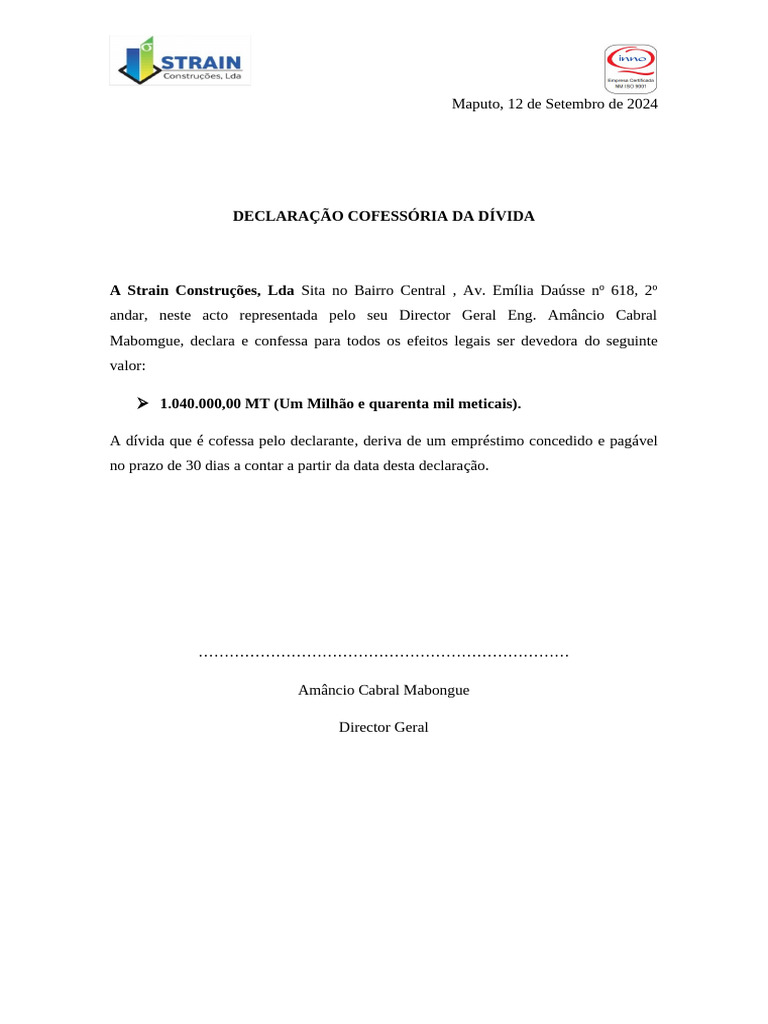 Declaracao Da Divida | PDF