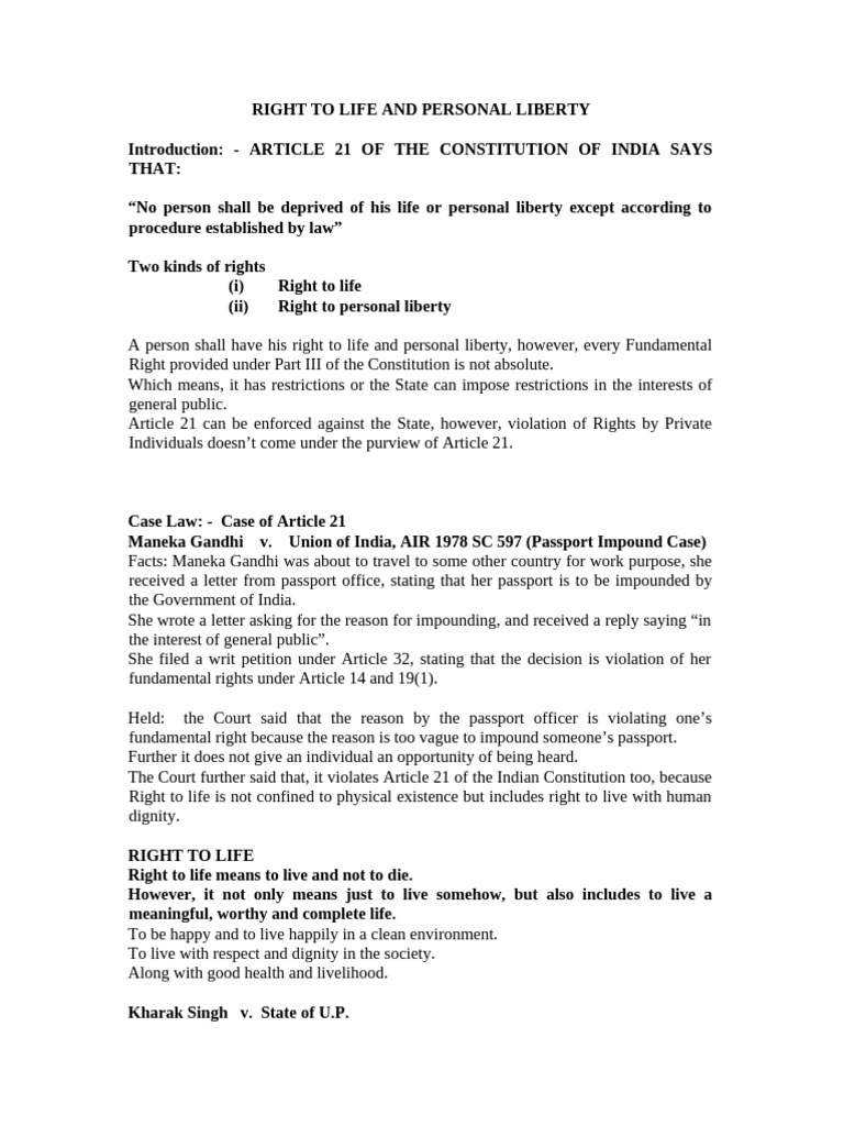 Right To Life and Personal Liberty Article 21 | PDF