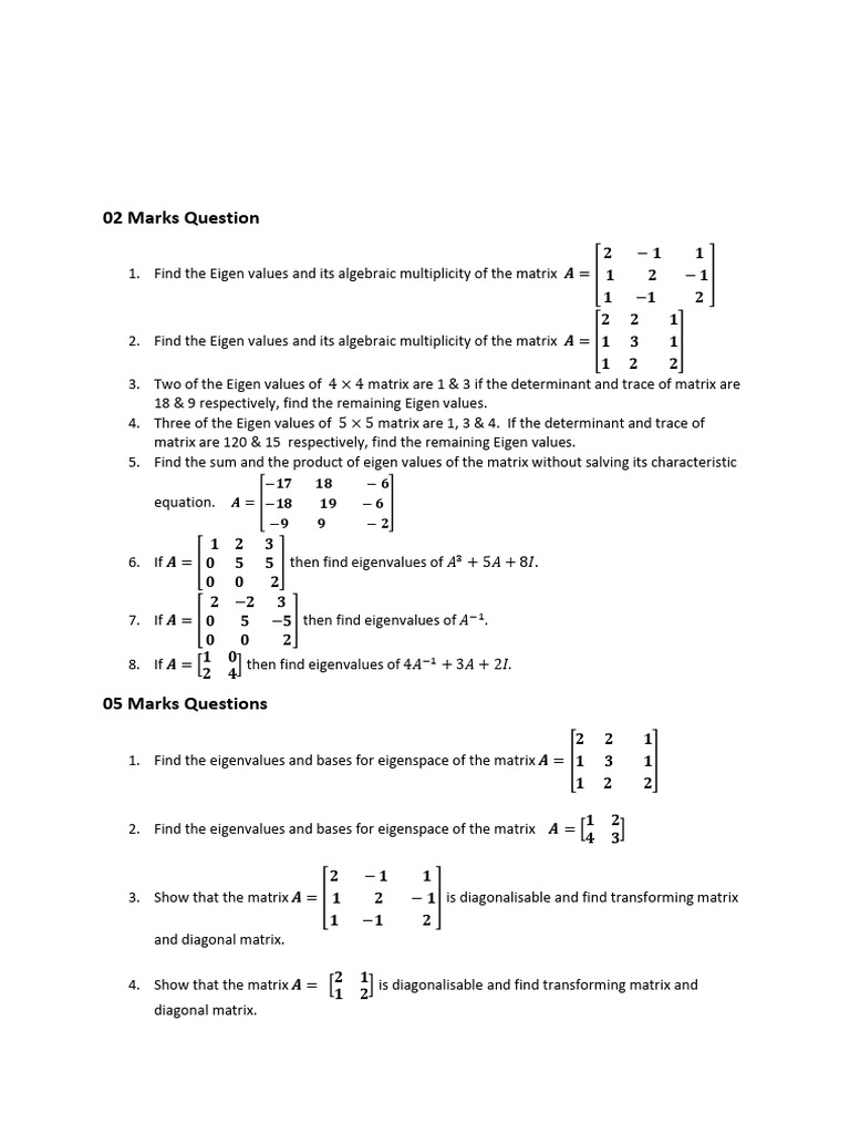 Matrix Theory Practice Questions | PDF