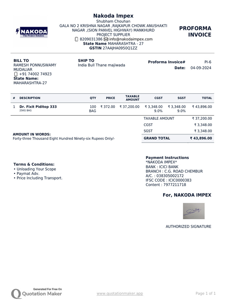 Nakoda Impex Proforma Invoice: State Name MAHARASHTRA - 27 GSTIN ...