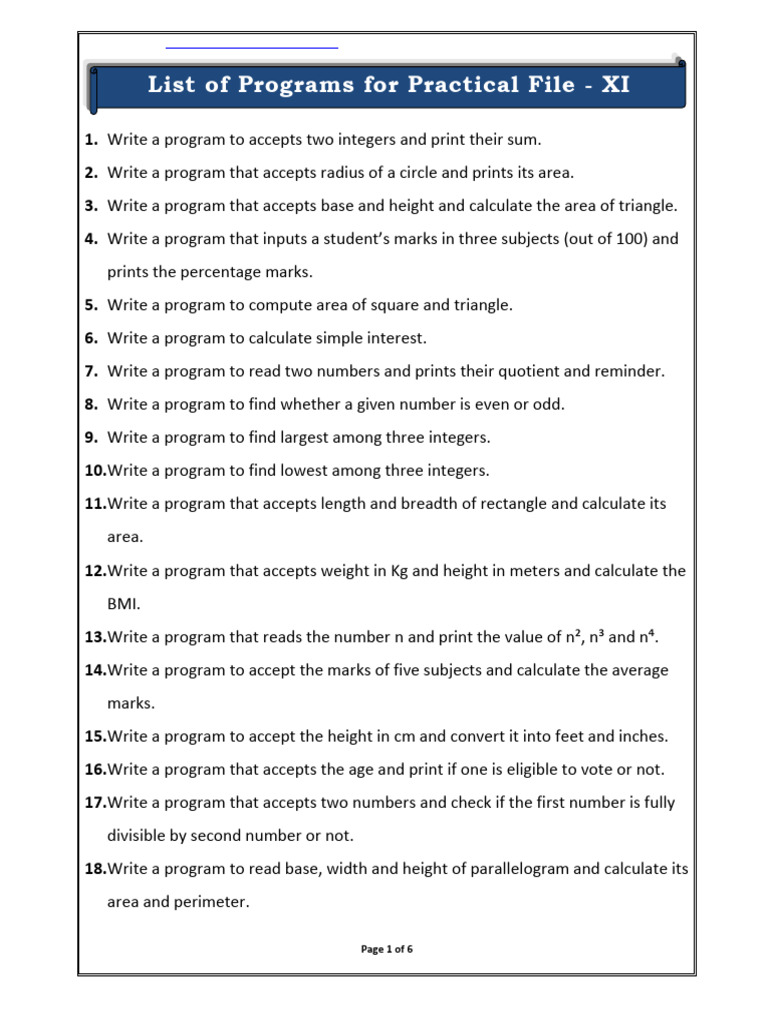 Computer Sc. Practical File - XI | PDF
