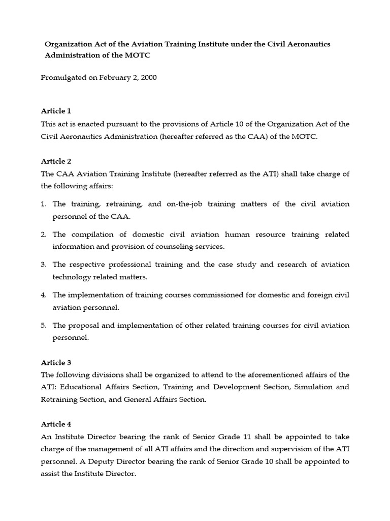 Organization Act of The Aviation Training Institute Under The Civil ...