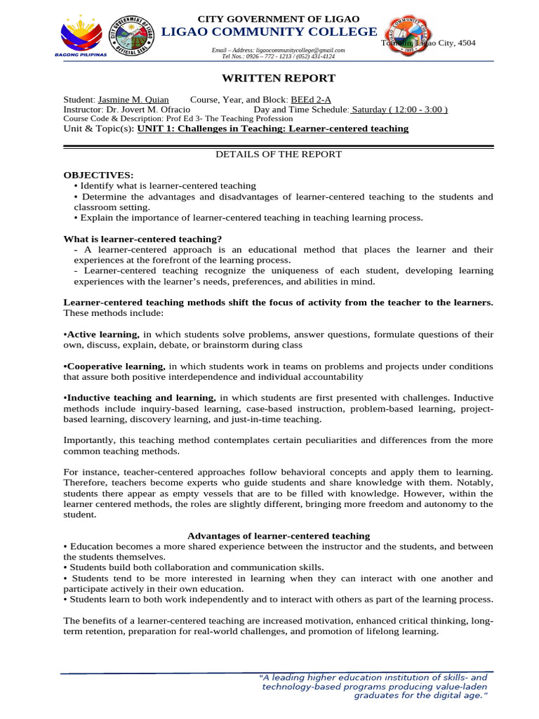 Jaja (2) Written-Report-Template-In-Prof-Ed-3-The-Teaching-Profession-1 | PDF