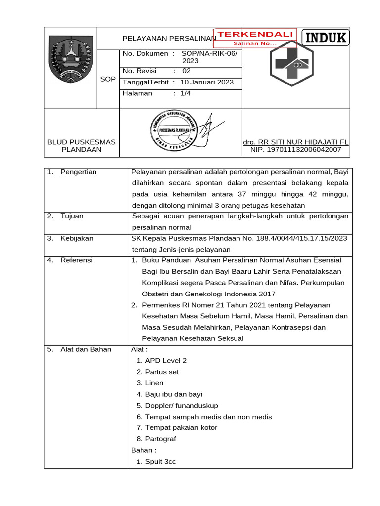 SOP PELAYANAN PERSALINAN (Pakai) | PDF