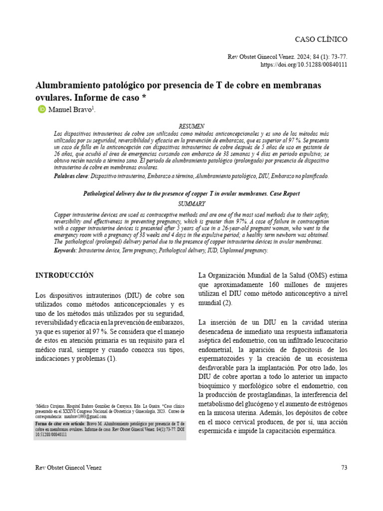 11 CC 84 1 Alumbramiento Patologico Por Presencia de T de Cobre en Membranas Ovulares. Informe ...