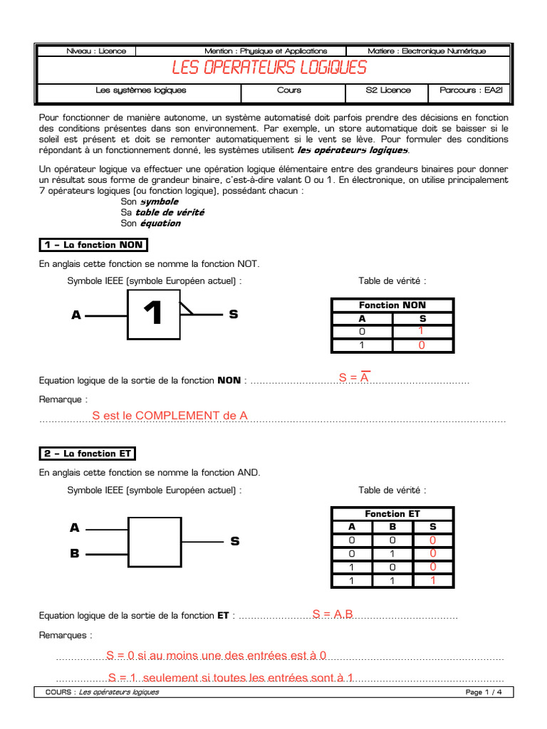 Cours 02 - Operateurs Logiques | PDF