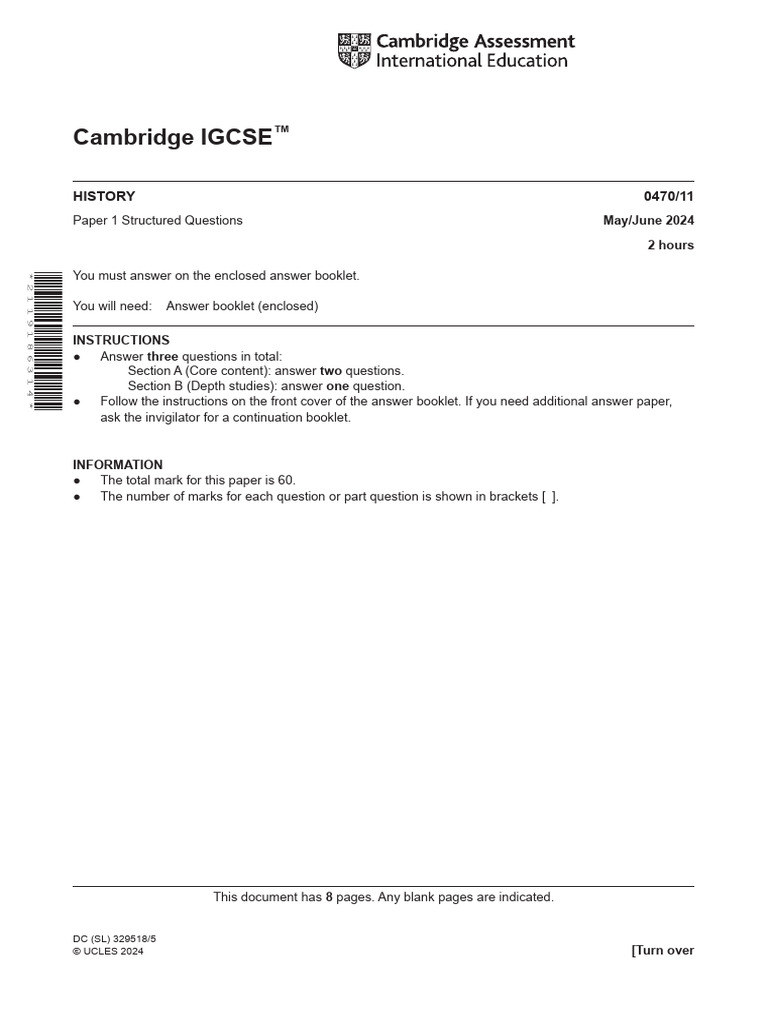 IGCSE History 0470 - 11 May - Jun 2024 | PDF