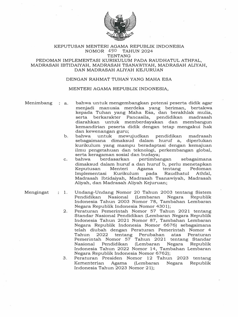 2024 Kepmen Agama Nomor 450 Tahun 2024 Pdf