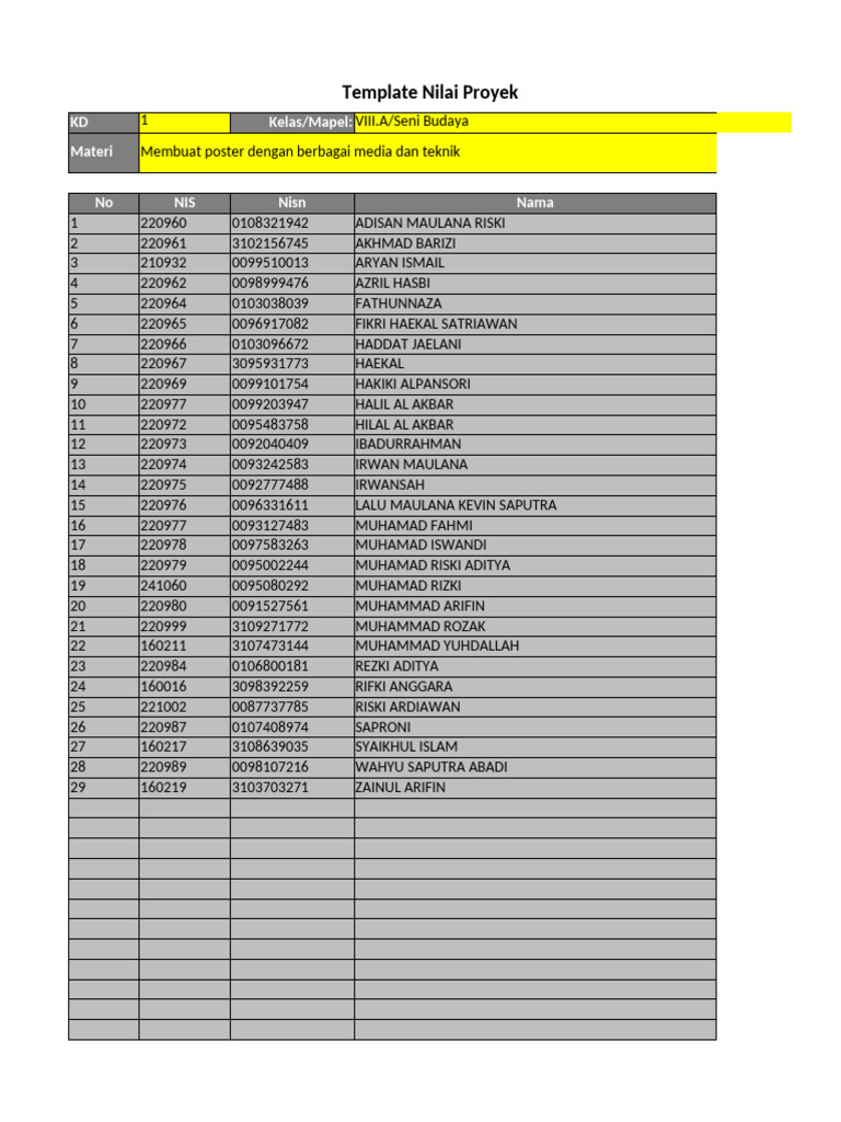 Template Nilai Proyek-VIII.a-seni Budaya | PDF
