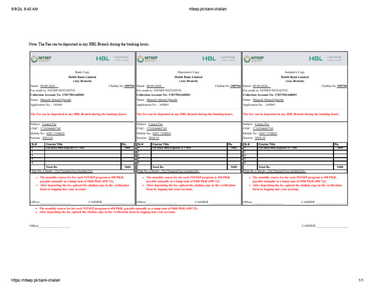 Nitsep - PK Bank Challan | PDF