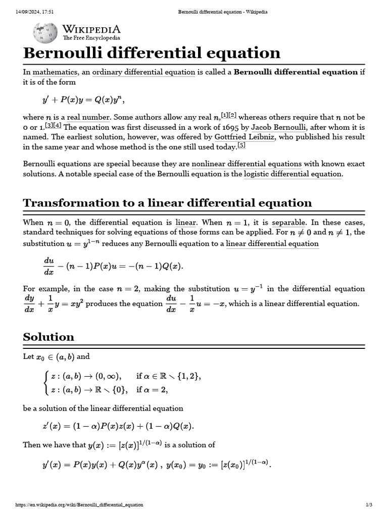Bernoulli Differential Equation - Wikipedia | PDF | Differential ... Bernoulli Differential Equation - Wikipedia | PDF | Differential ...