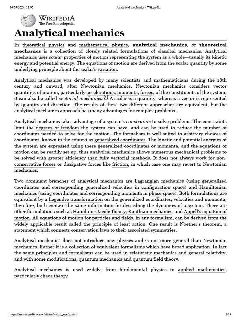 Analytical Mechanics - Wikipedia | PDF | Hamiltonian Mechanics ...