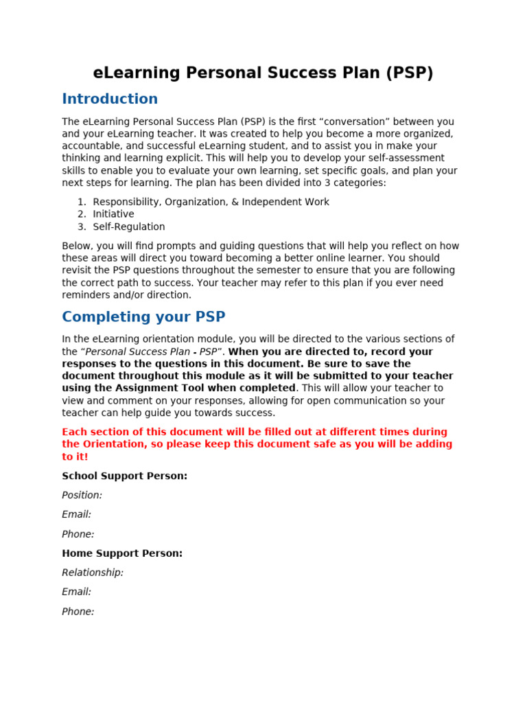 Elearning Personal Success Plan (PSP) | PDF
