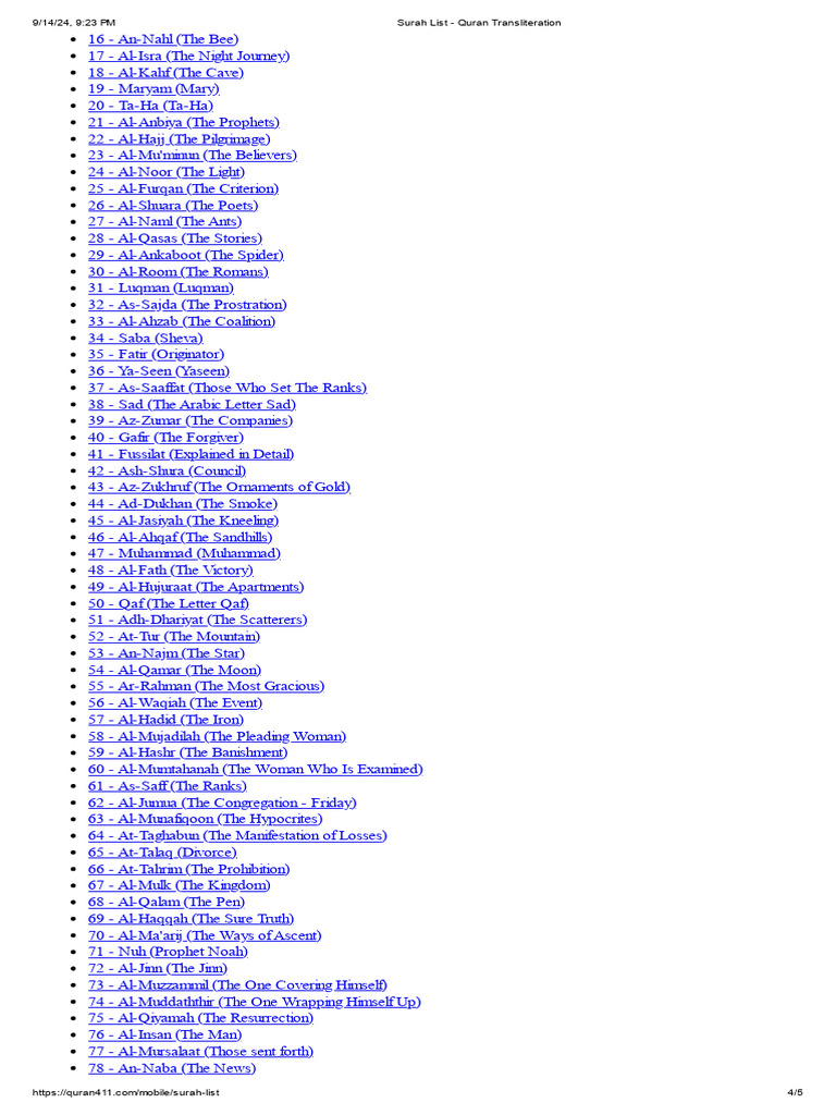 Surah List - Quran Transliteration | PDF