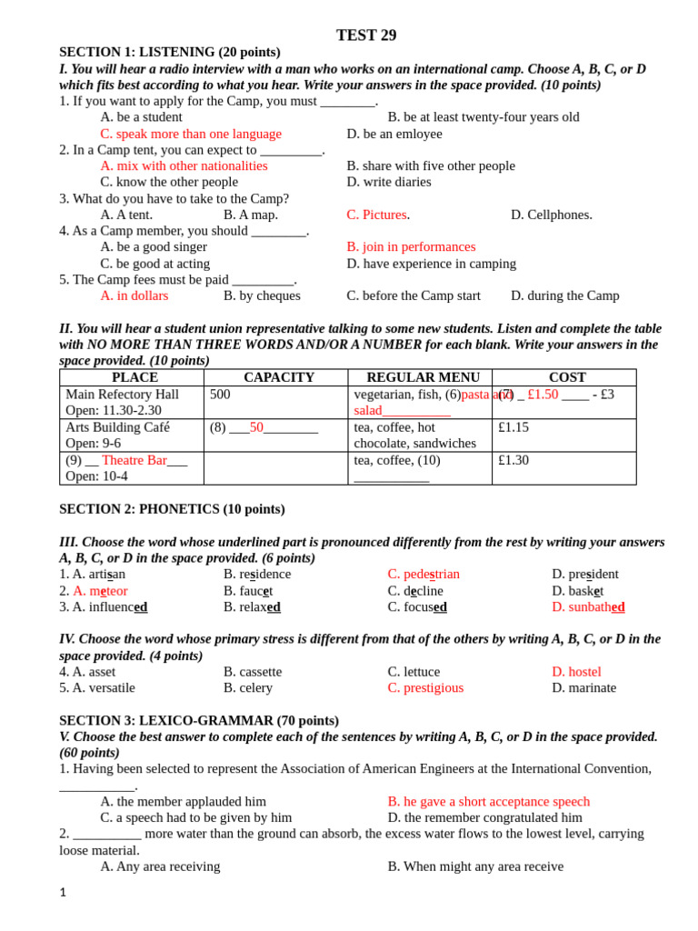 Test 29: SECTION 1: LISTENING (20 Points) | PDF