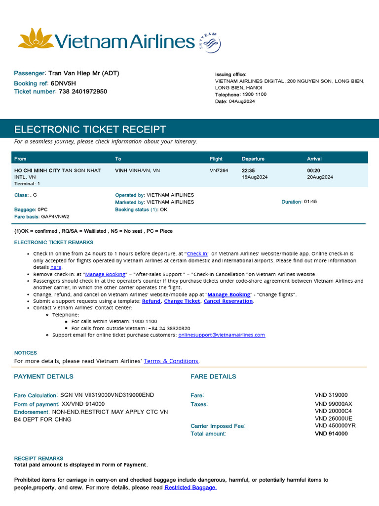 Electronic Ticket-EMD Receipt 19AUG For VAN HIEP TRAN | PDF | Vietnam | Airlines