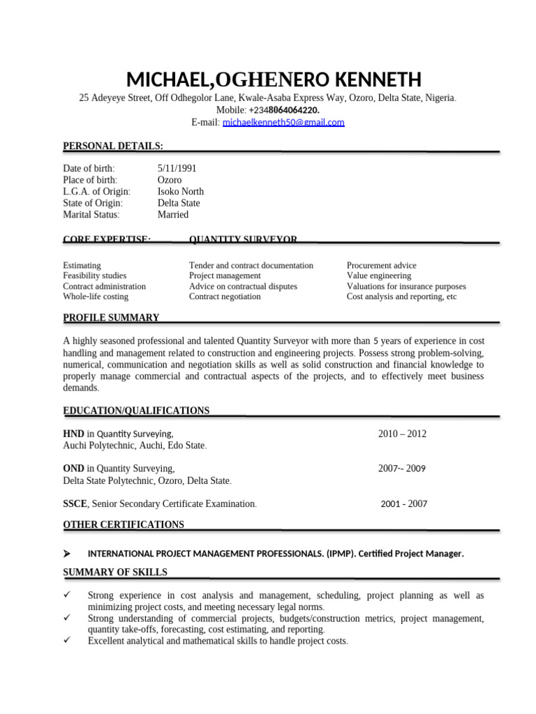 MICHAEL CV Edited | PDF | Project Management | Surveying