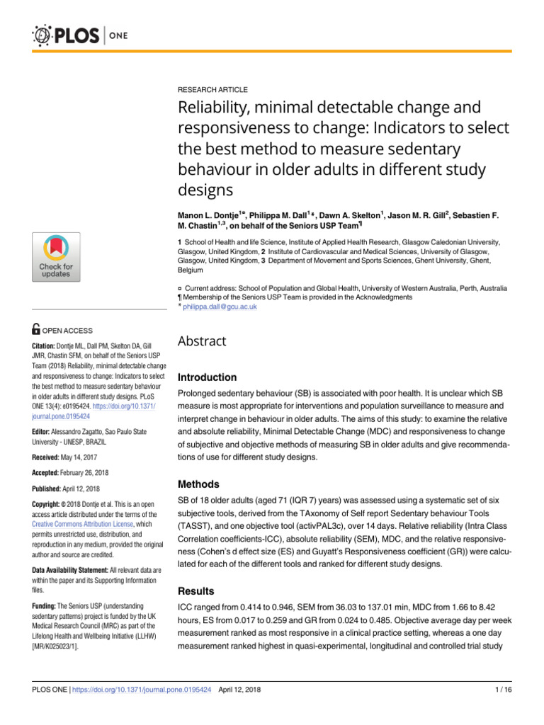 Reliability and Mean Detectable Change | PDF | Effect Size | Self ...