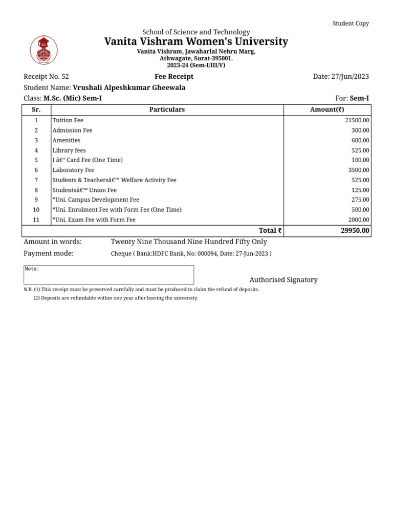 Vvwu Fees Receipt | PDF