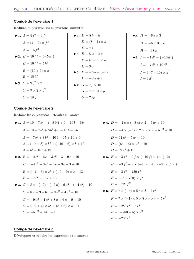 Exercice Calcul Litteral 2 Corrige | PDF