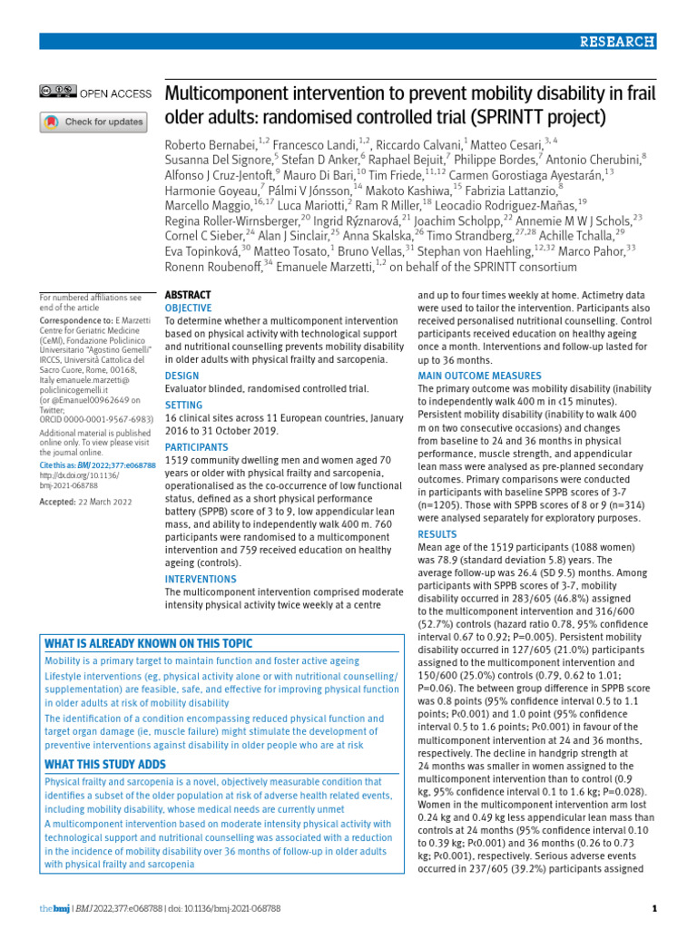 Multicomponent Intervention To Prevent Mobility Disability in Frail | PDF