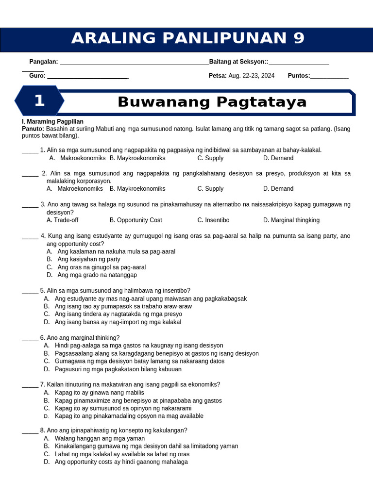 AP9-1st-MonthlyExam | PDF