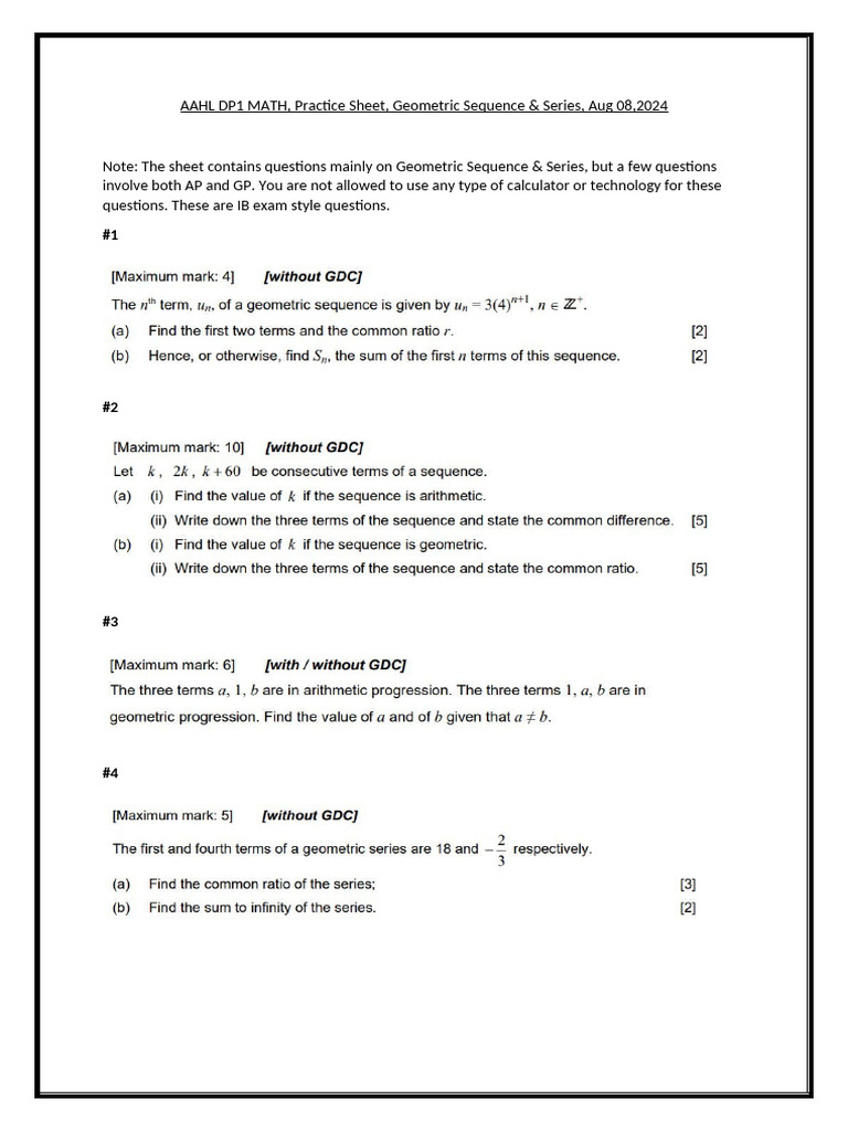 Geometric Sequence Series AAHL DP1 Practice Sheet | PDF