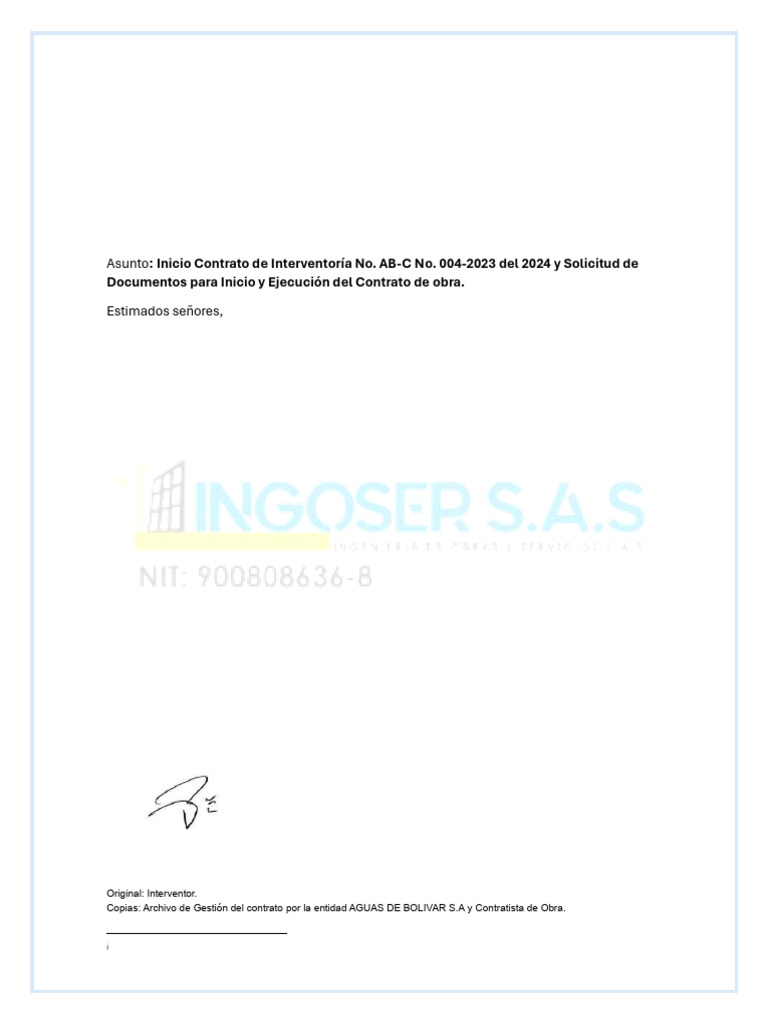 Oficio Inicio de Contrato Interventoria | PDF