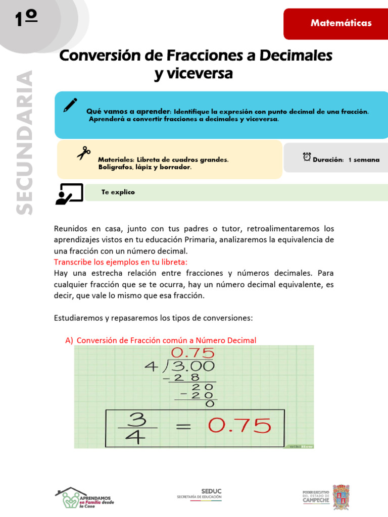 Ficha 6 Trim 2 Mat 1 Conversion de Fracciones A Decimales y Viceversa | PDF