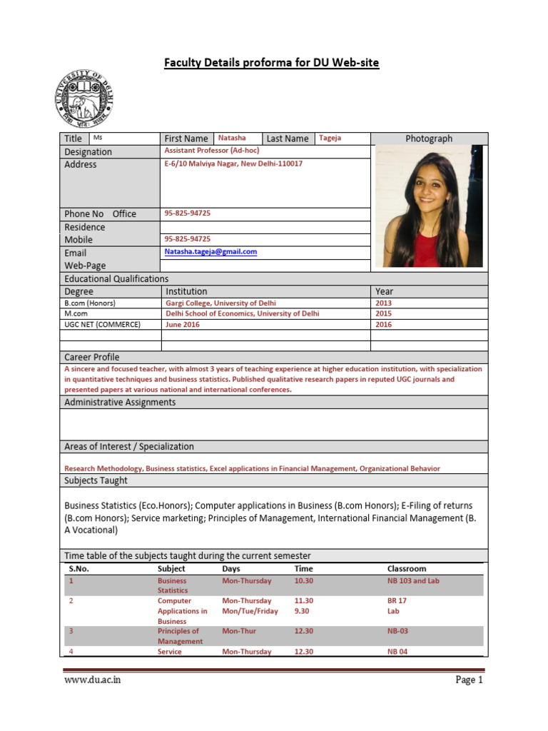 DU Faculty - Proforma | PDF