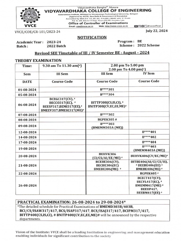 Revised SEE Timetable -III & IV Sem (2022 Scheme) | PDF