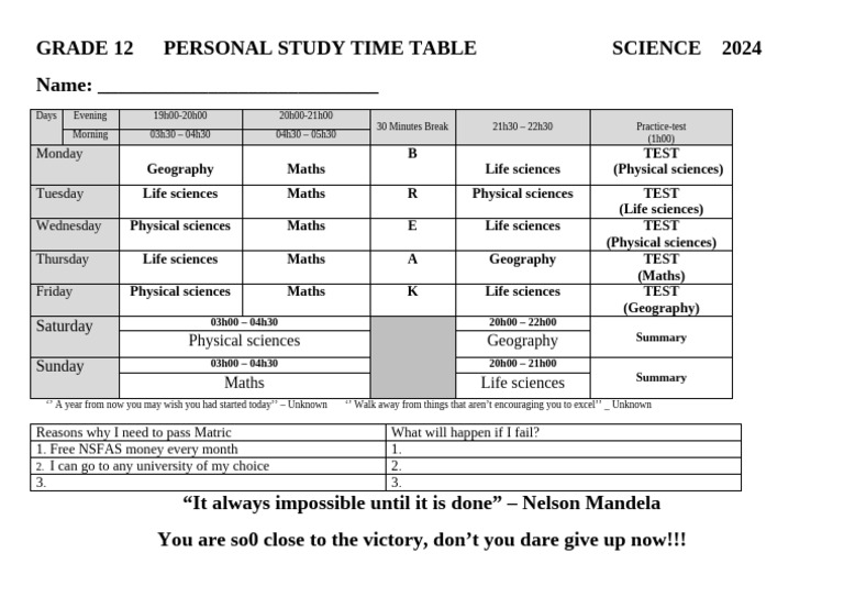 Grade 12 Personal Study Time Table Science 2024 | PDF